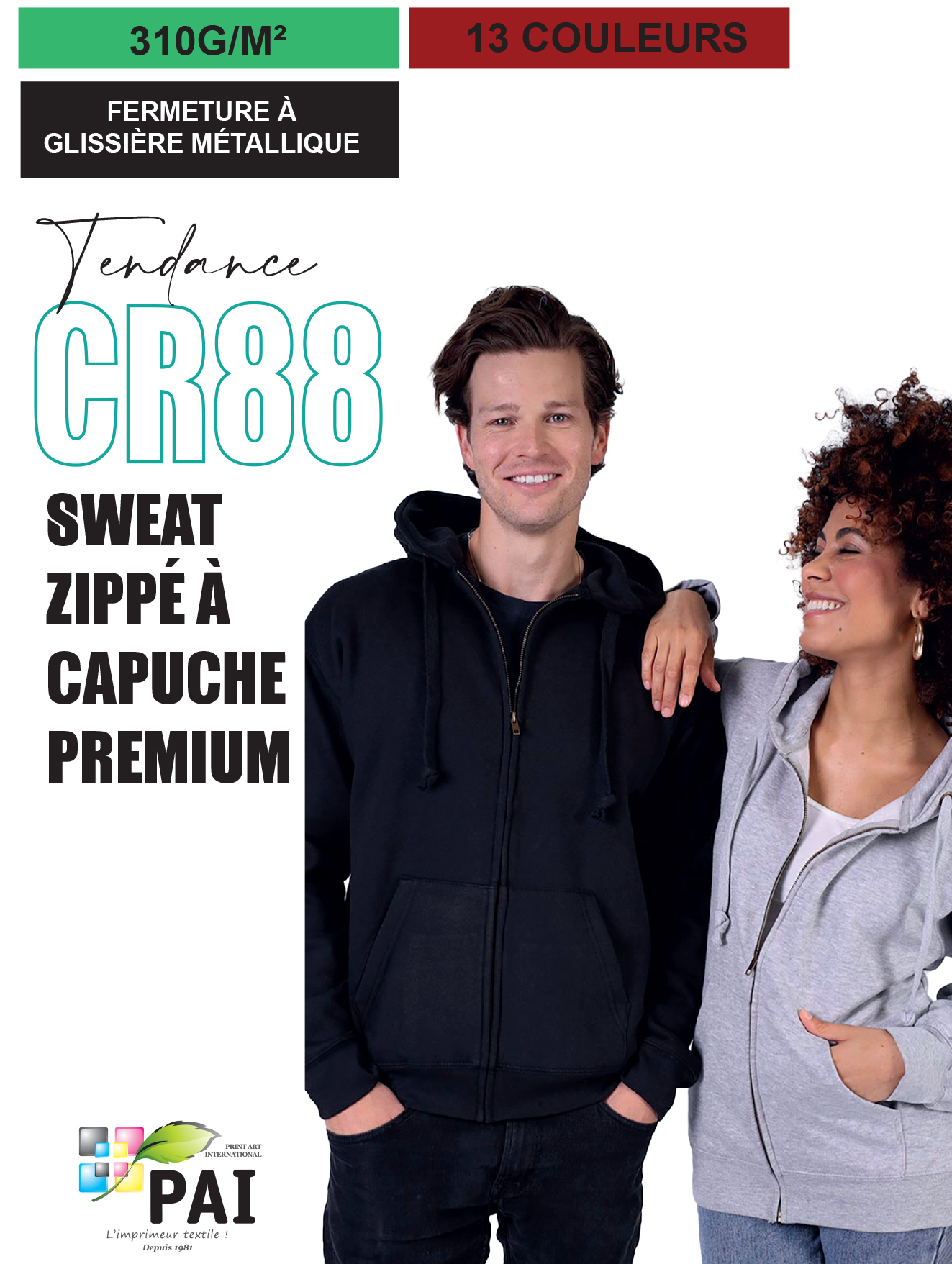 CR88 - Sweat zippé à capuche premium - 310g personnalisé - Impression ...